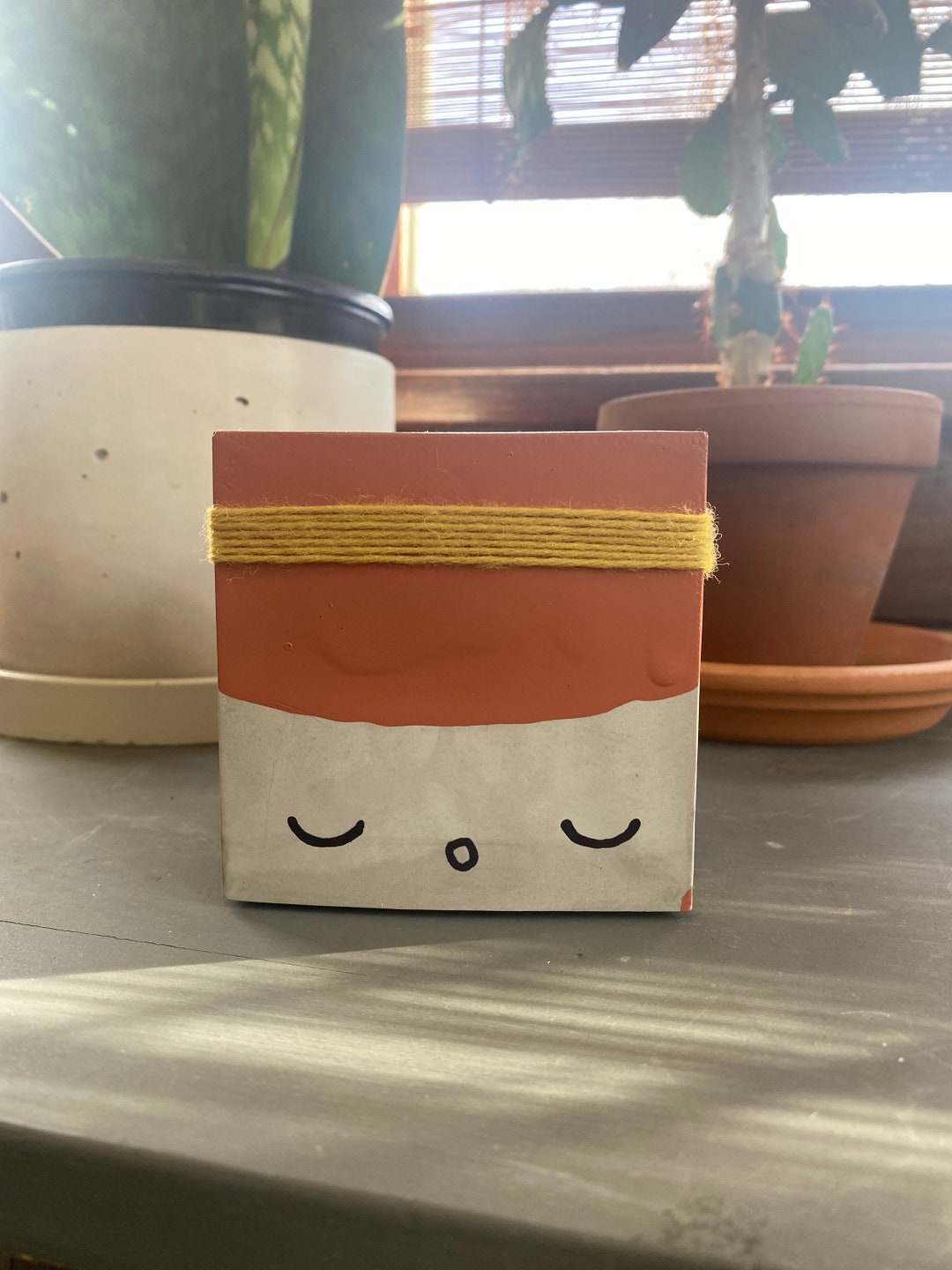 3" Square Flower Pot Friend // Pencil Holder // Yarn Wrapped Concrete ...