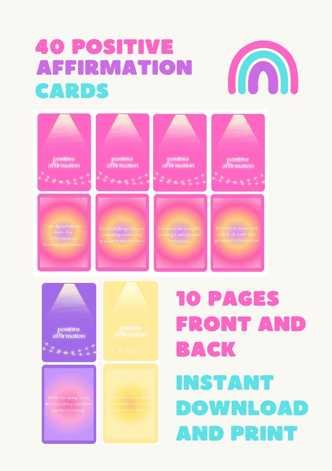 Positive Affirmation Cards DIY Printable Aura Background 40 Double ...