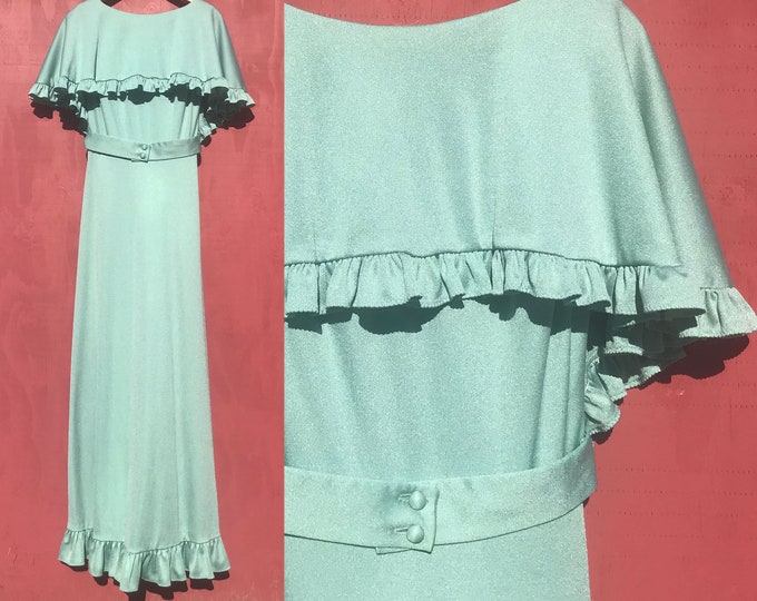 1970s Prom Dress Size Small Medium Celery Green Cape Collar Ruffle Trim ...
