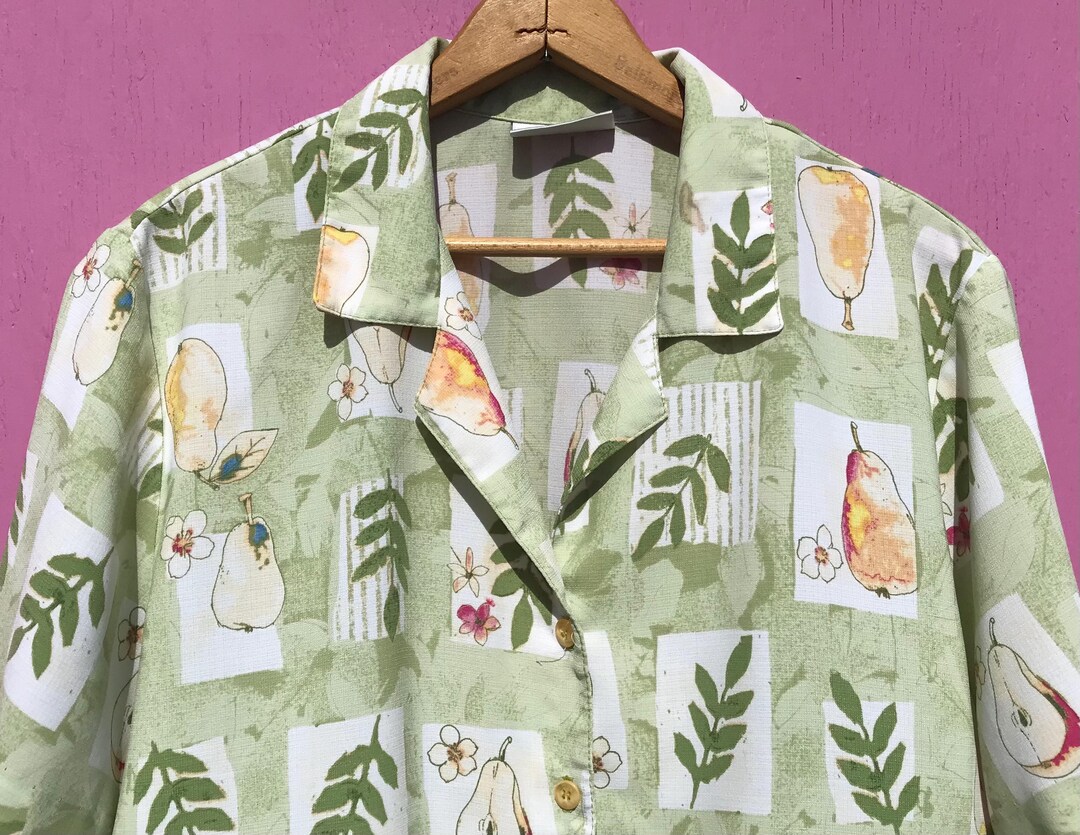 1990s Pear Shirt Short Sleeves Vintage Green Yellow Sz Large Button Up ...