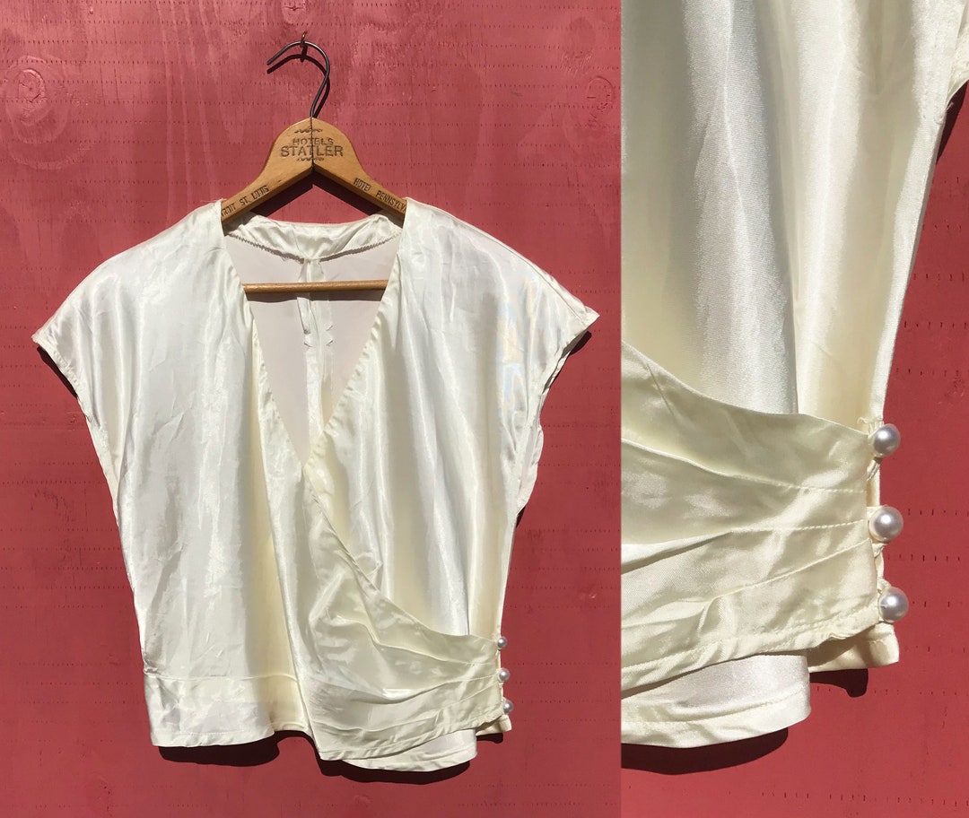1980s Satin Evening Wrap Top Ecru Cream Sleeveless V Neckline Handmade ...