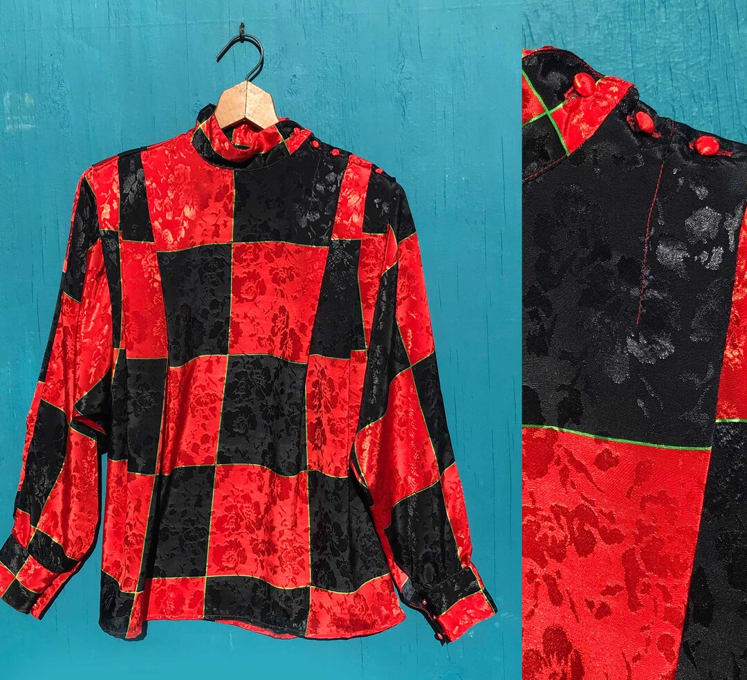 1980s High Collar Checkerboard Blouse Vintage Black and Red Long ...