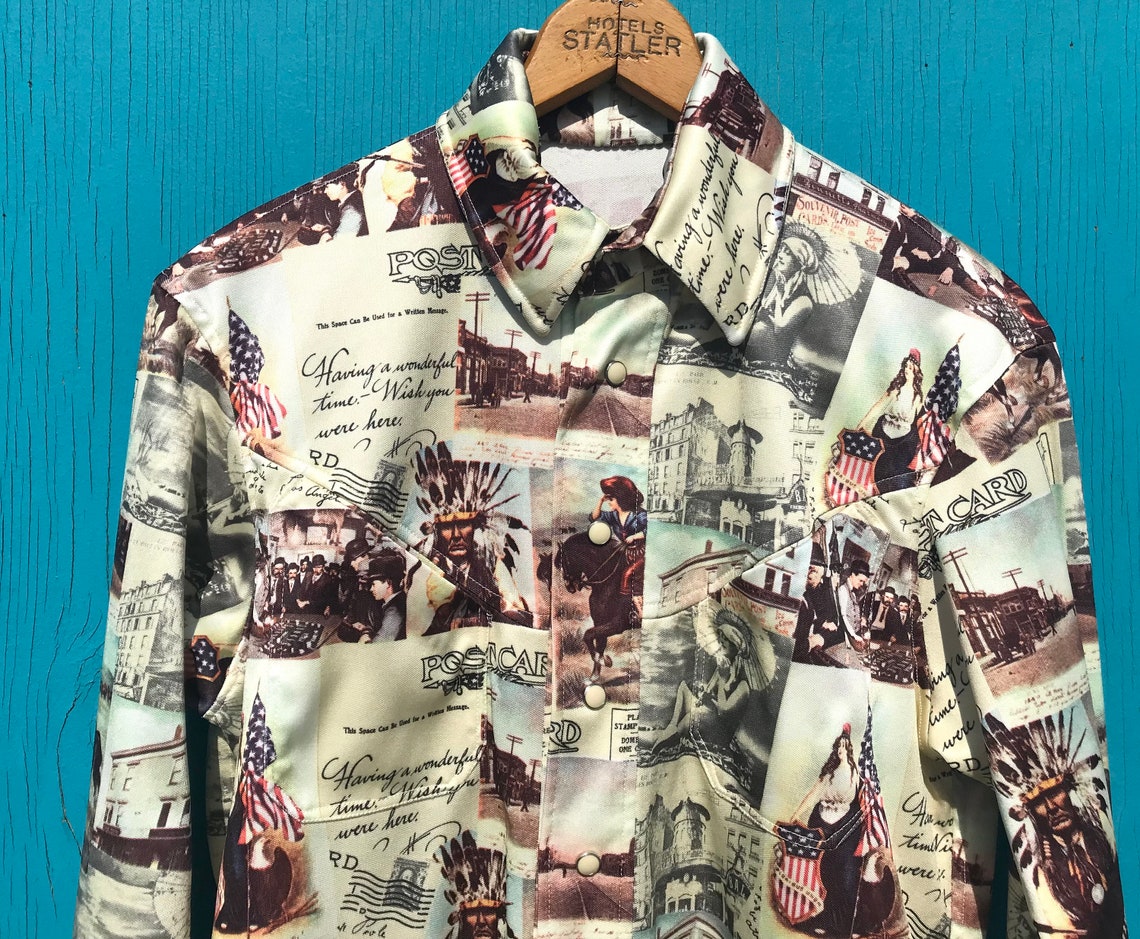 Vintage Postcard Print Western Shirt Pearl Snap Americana Polyester ...
