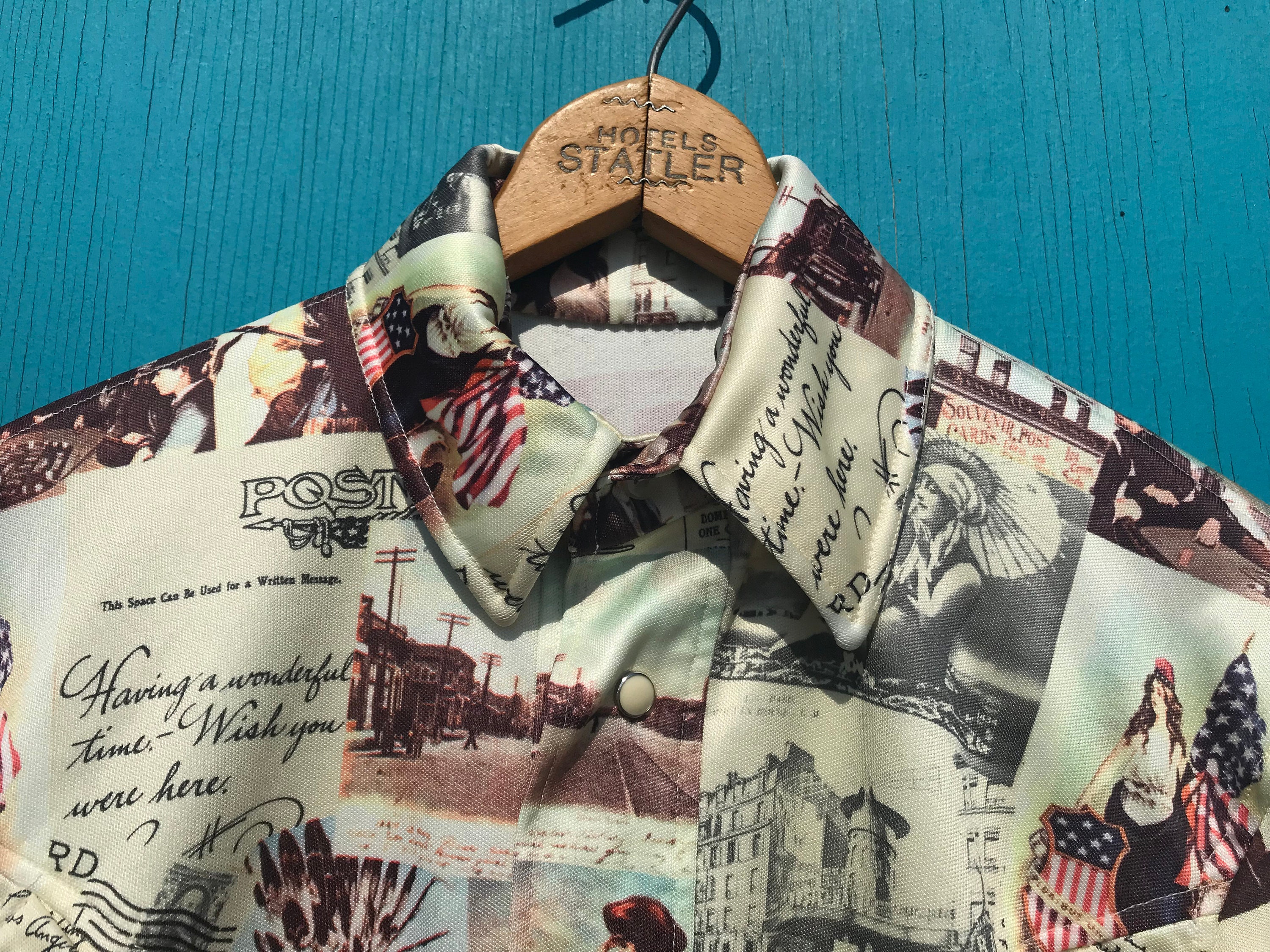 Vintage Postcard Print Western Shirt Pearl Snap Americana Polyester ...