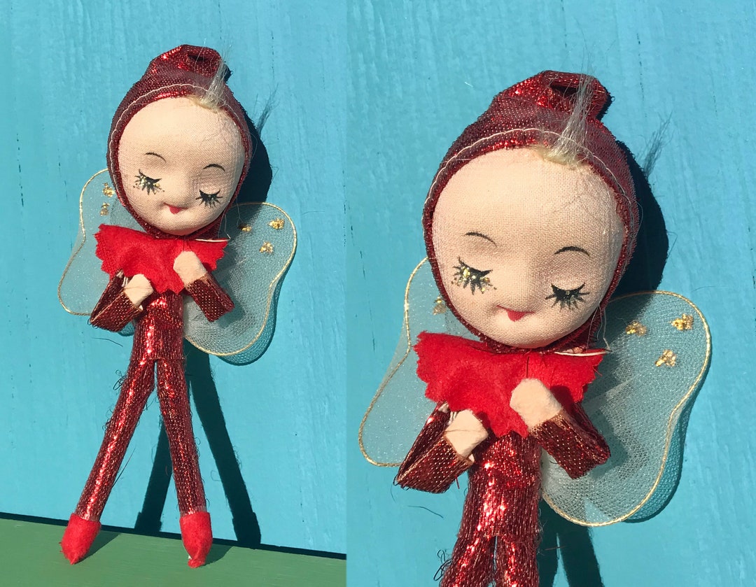 Vintage Pixie Angel Ornament 1960s Red Glitter Fairy Elf Doll W Wings ...