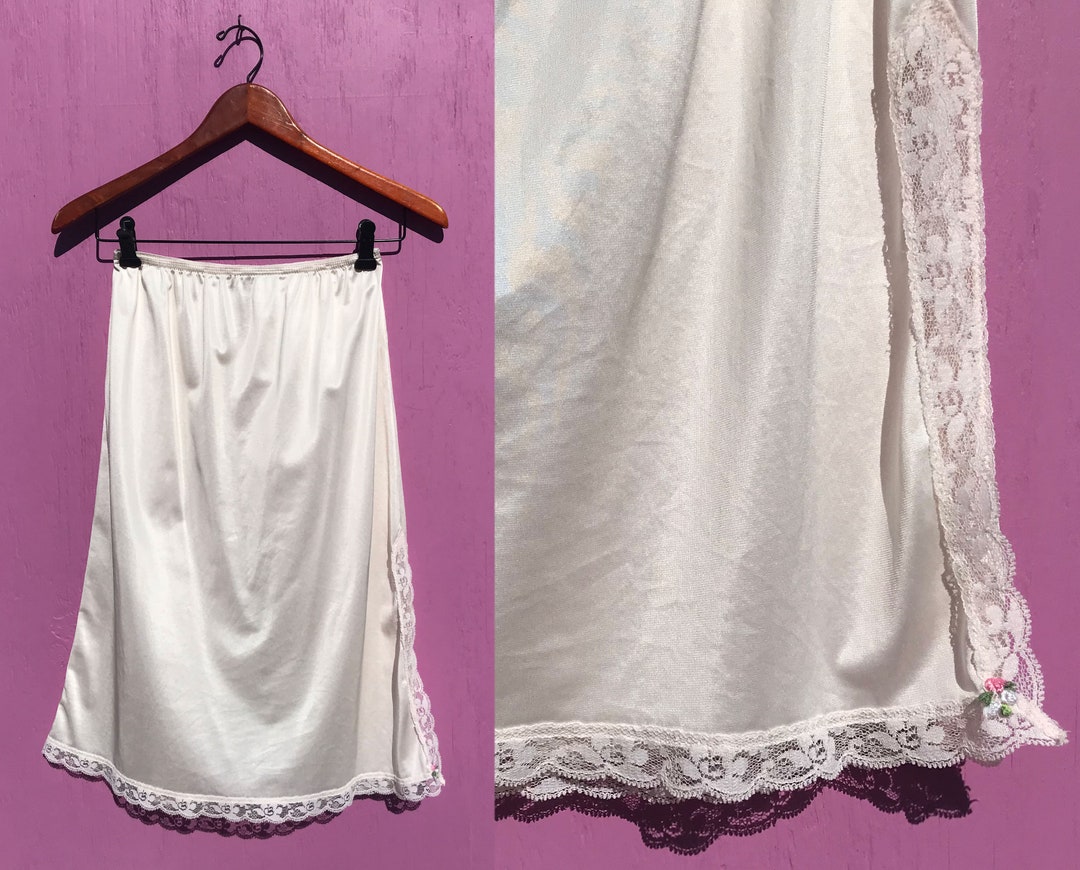 Vintage Peachy Ecru Nylon Half Slip With Lace Trim Side Slit Elastic ...