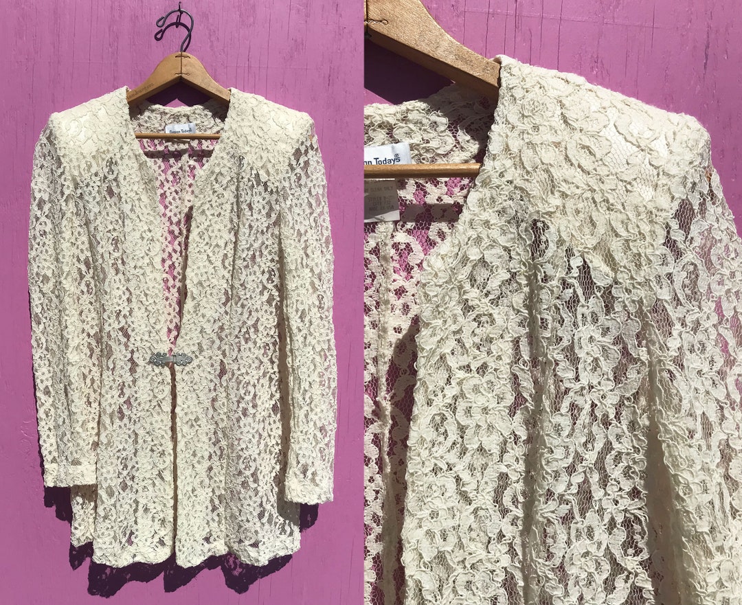 1980s Ecru Lace Redingote Jacket Light Evening Wear Vintage Retro Boho ...