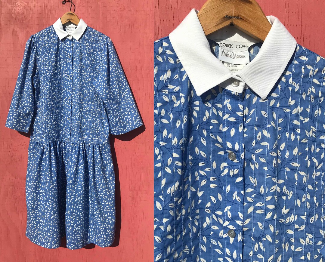 1970s Housecoat Dress Poly Cotton Models Coat Blue White Drop Waist ...