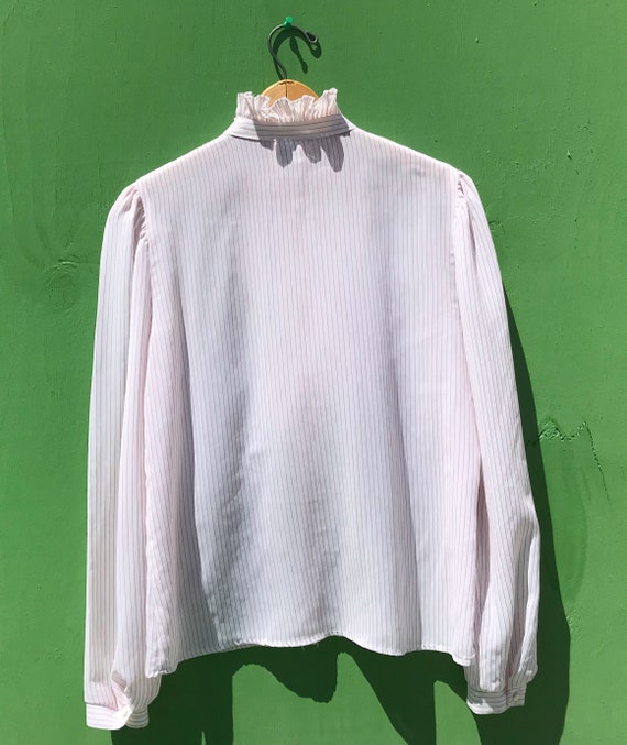 1980s High Collar Ruffle Jabot Blouse White and Red P… - Gem