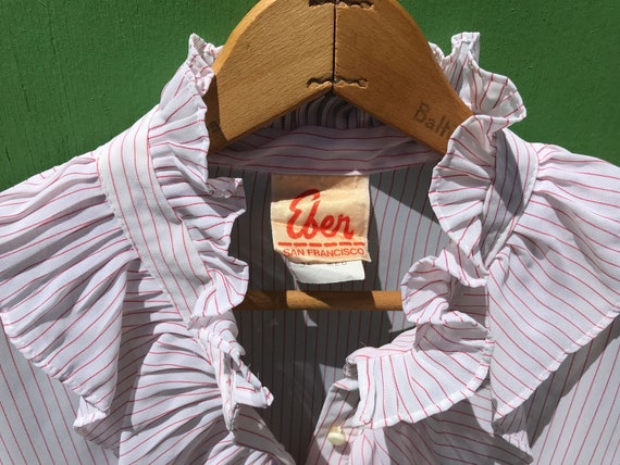 1980s High Collar Ruffle Jabot Blouse White and Red P… - Gem