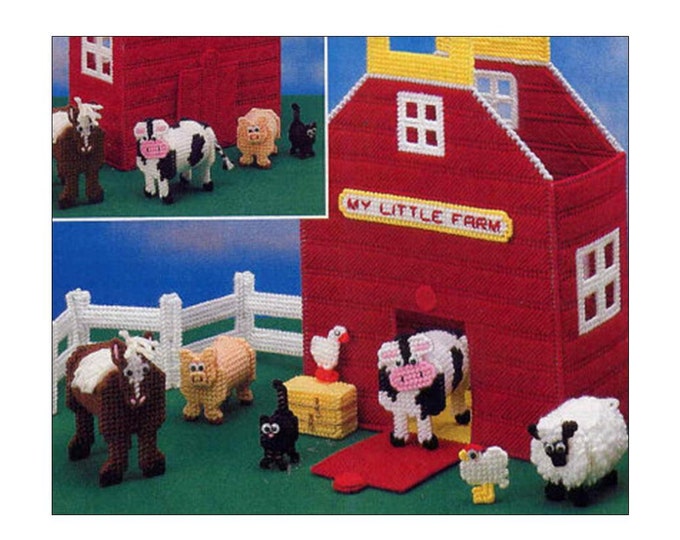 Plastic Canvas Farm Animal Toys and Barn Tote Pattern Playset Miniature ...