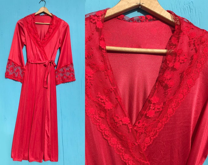 1970s Red Boudoir Robe Full Length Lace Yoke Long Sleeves Size Medium ...