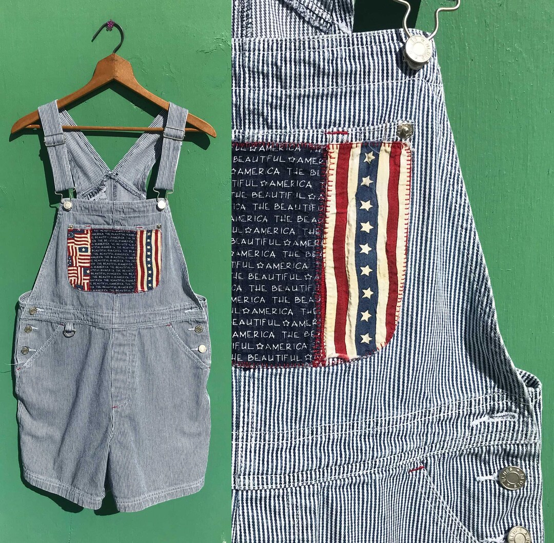 1990s Short Denim Overalls W Striped Patriotic Applique Size Medium ...