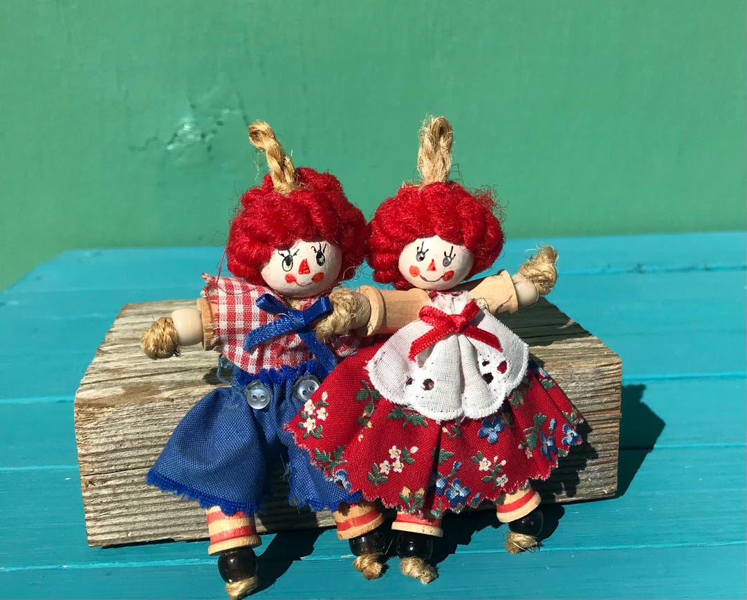 Vintage Raggedy Dolls Spool Doll Ornaments 4" Handmade Ann and Andy ...
