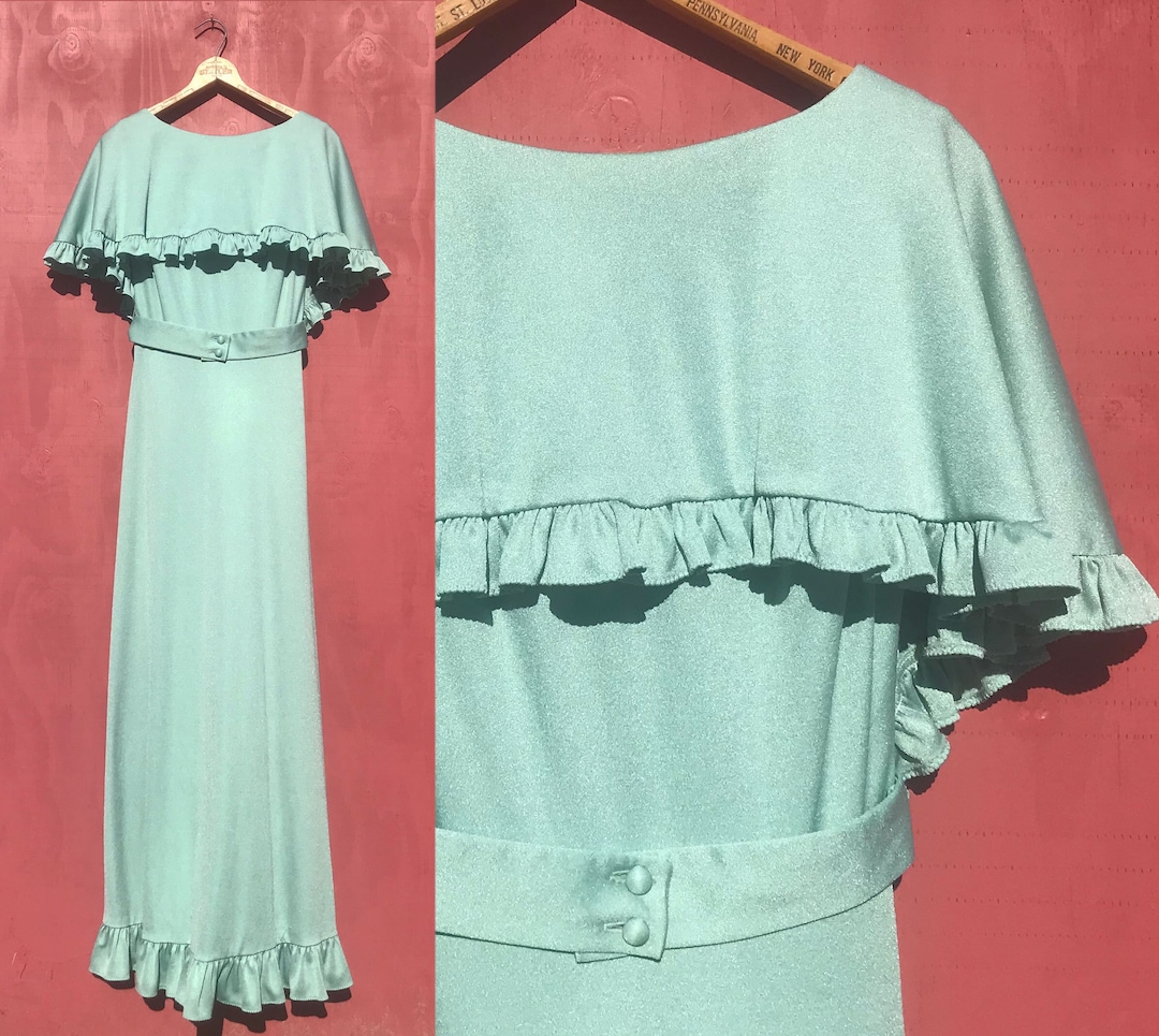 1970s Prom Dress Size Small Medium Celery Green Cape Collar Ruffle Trim ...