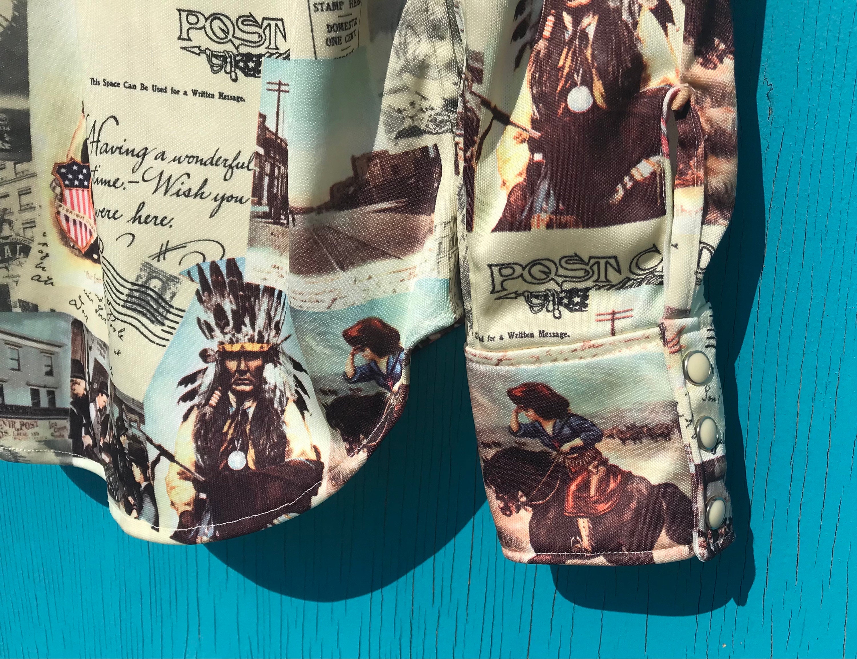 Vintage Postcard Print Western Shirt Pearl Snap Americana Polyester ...
