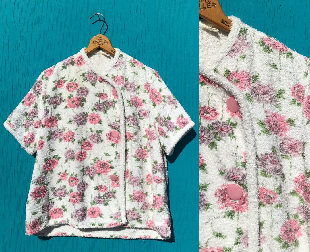 1960s Terry Cloth Cover up White Pink Roses Sz Medium Vintage Summer ...