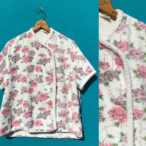 1960s Terry Cloth Cover up White Pink Roses Sz Medium Vintage Summer ...