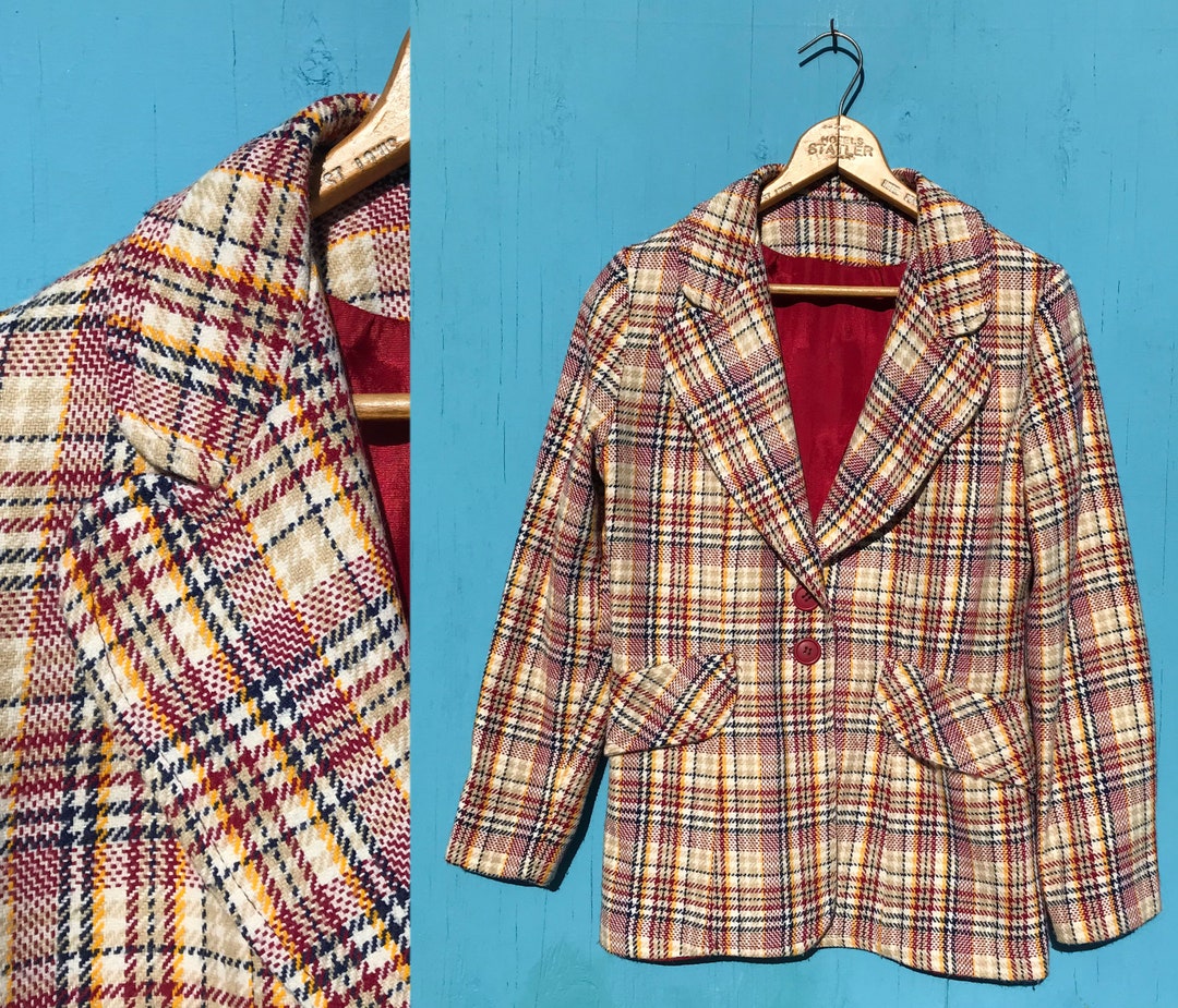 1970s Plaid Blazer Jacket Sz Med Vintage Red Tan Blue Gold Tartan Lined ...