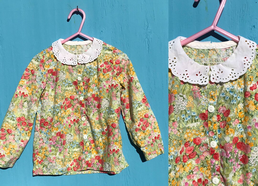 1970s Girls Floral Blouse W Eyelet Collar Sz 6 or 7 Vintage Cotton Size ...