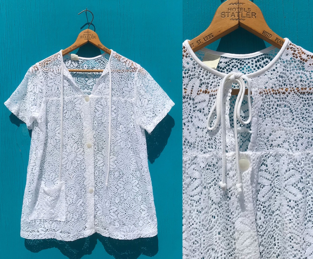 1970s Lace Cover up Top White Layering Piece Hip Length Size Medium ...