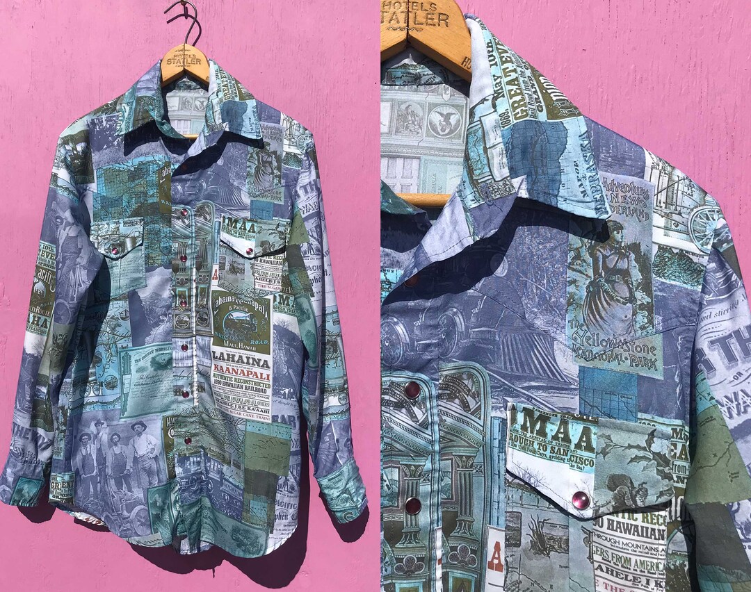 Vintage Railroad Americana Shirt Handmade Map Print Blue Gree Sz Small ...