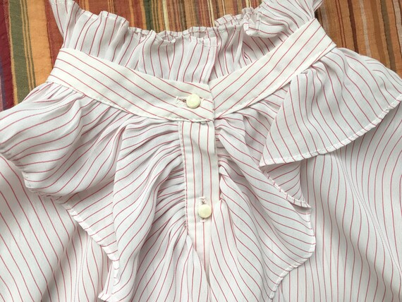 1980s High Collar Ruffle Jabot Blouse White and Red P… - Gem