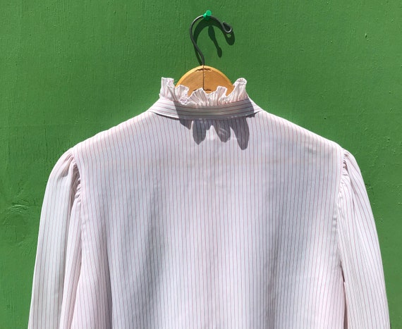 1980s High Collar Ruffle Jabot Blouse White and Red P… - Gem