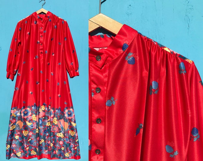 1970s Red House Dress Size Medium Blue Strawberries Birds Loose Fit ...