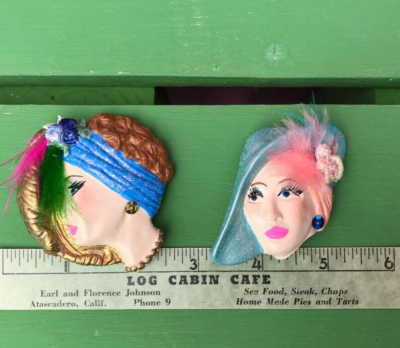 1980s Lady Head Brooches Chunky Ceramic Vintage Costume Jewelry Pinback ...