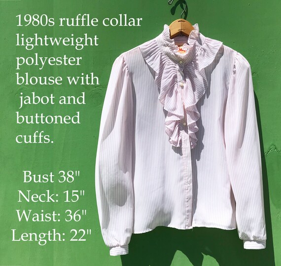 1980s High Collar Ruffle Jabot Blouse White and Red P… - Gem