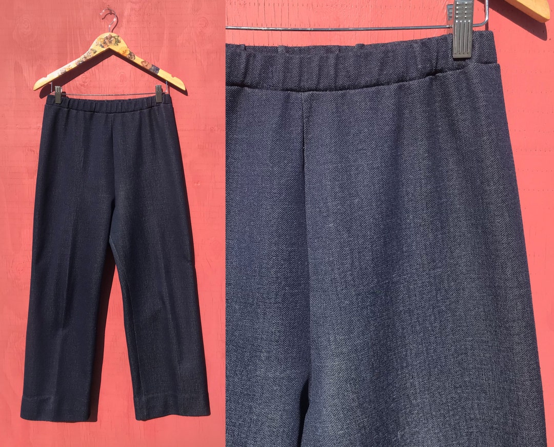 1980s Polyester Granny Pants Faux Denim Elastic Waist Size Medium Pull ...