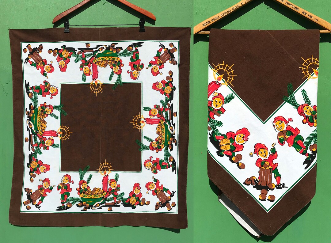 Vintage Holiday Tomten Tablecloth Nut Dish and Candles Brown White Cute ...