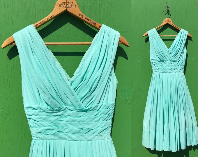 1960s Pale Turquoise Gauze Dress Fit and Flare Shelf Bust Wide Midriff ...