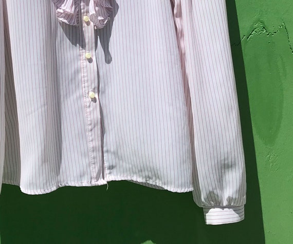 1980s High Collar Ruffle Jabot Blouse White and Red P… - Gem