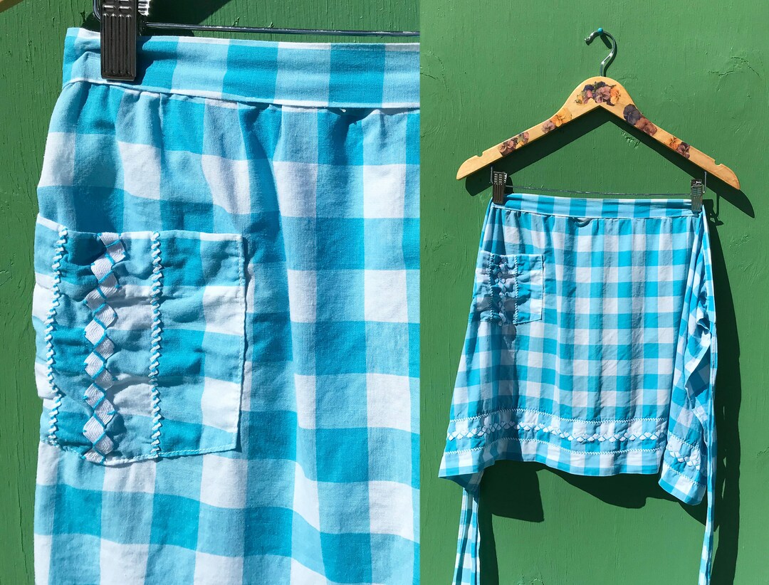Vintage Blue Gingham Apron W Rick Rack Sz Medium to XXL Cotton Half ...