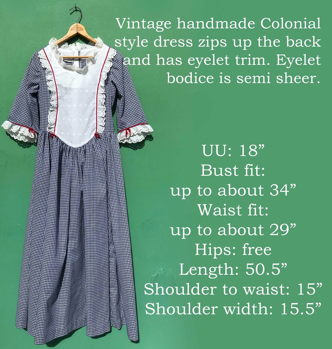 Vintage Gingham Prairie Dress Size Medium Blue Maxi Length Half Sleeves ...