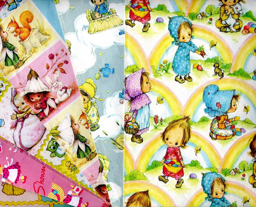 1970s 80s Cute Baby Shower Wrapping Paper Betsey Clark Victoria Plum ...
