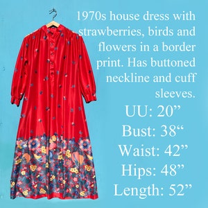 1970s Red House Dress Size Medium Blue Strawberries Birds Loose Fit ...