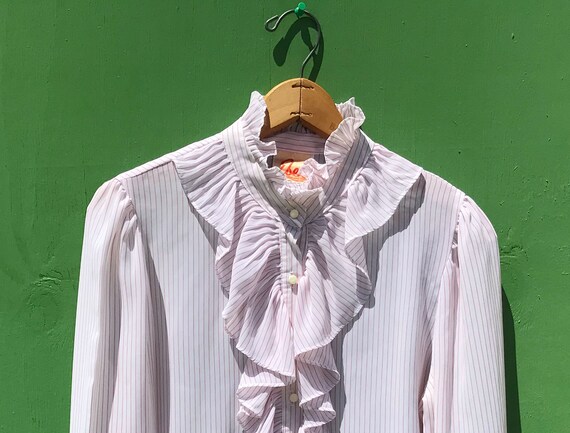 1980s High Collar Ruffle Jabot Blouse White and Red P… - Gem