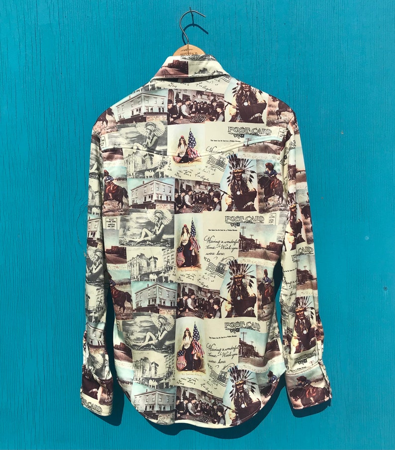 Vintage Postcard Print Western Shirt Pearl Snap Americana Polyester ...
