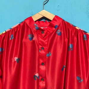 1970s Red House Dress Size Medium Blue Strawberries Birds Loose Fit ...