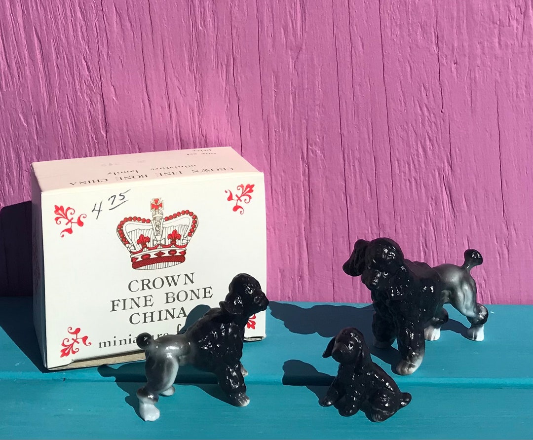 Tiny Vintage China Dog Family Black French Poodles Mama and Puppies 1 ...