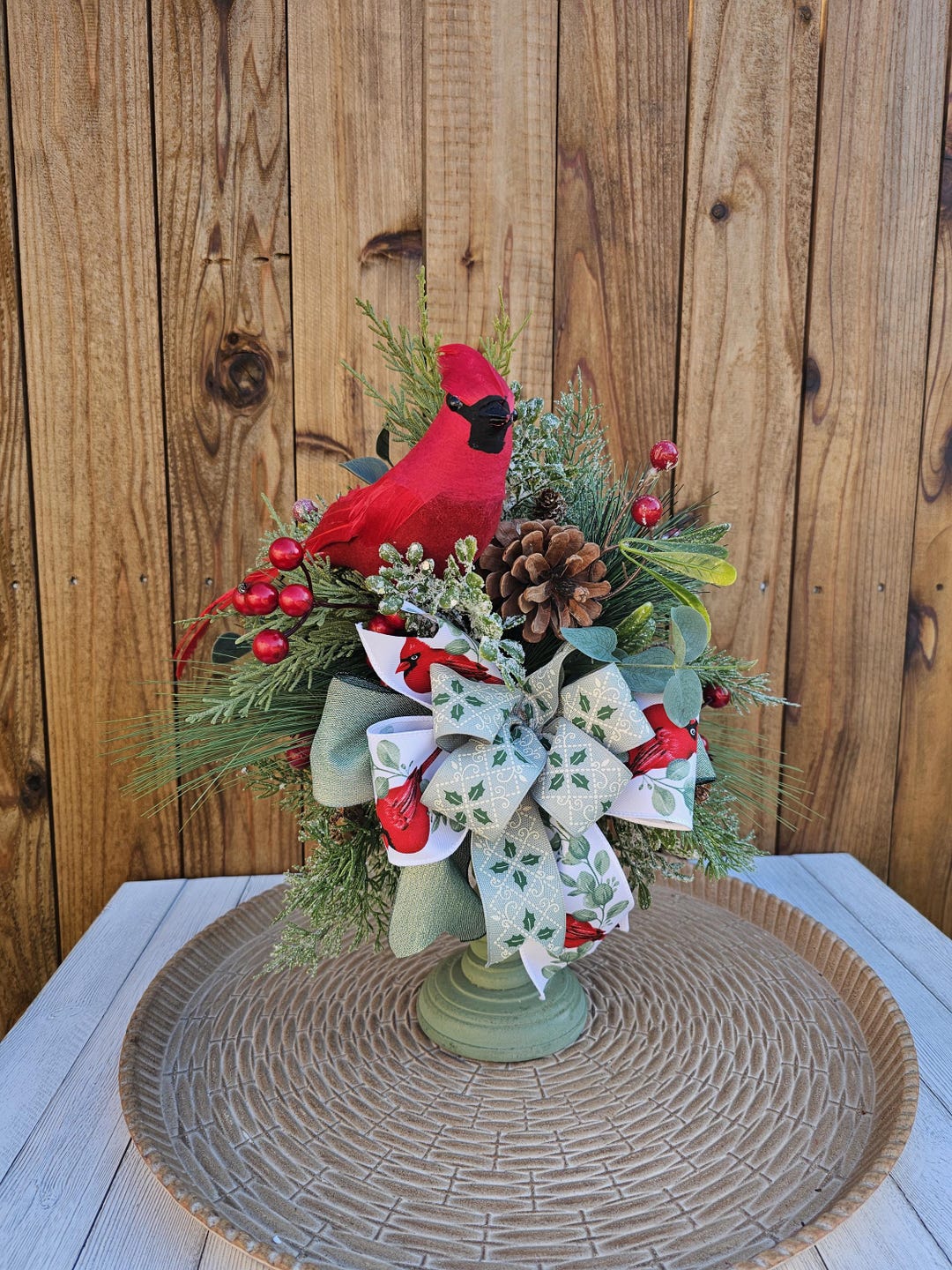 Cardinal Christmas Centerpiece With Rustic Greenery and Pinecone ...