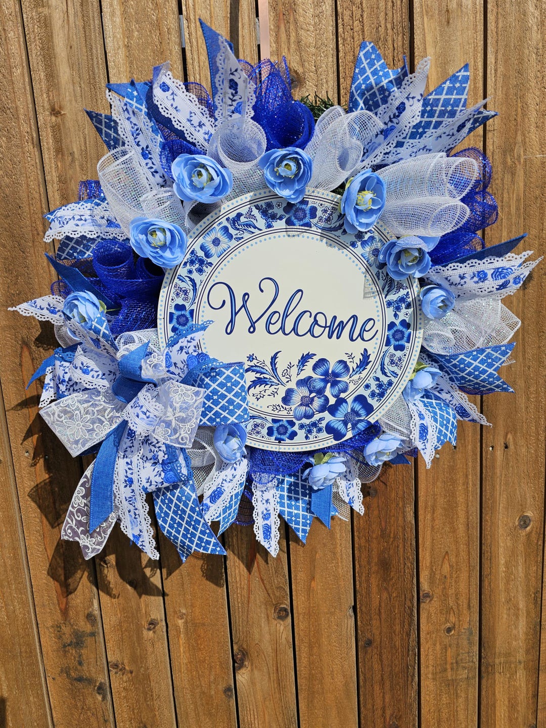 Blue and White Chinoiserie Welcome Wreath, Front Door Decor, Farmhouse ...