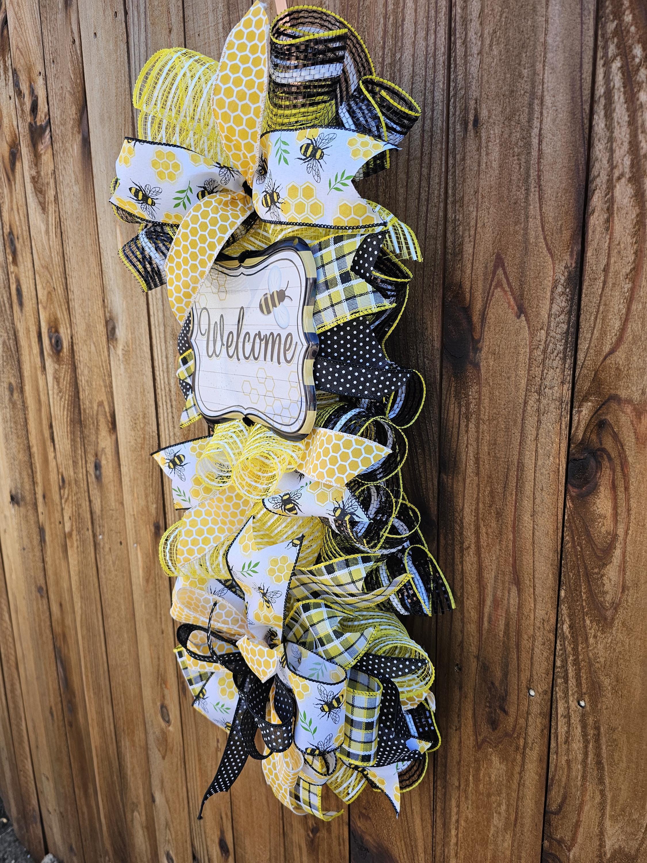 Bee-themed Welcome Swag Wreath Yellow & Black Honeycomb Front Door ...