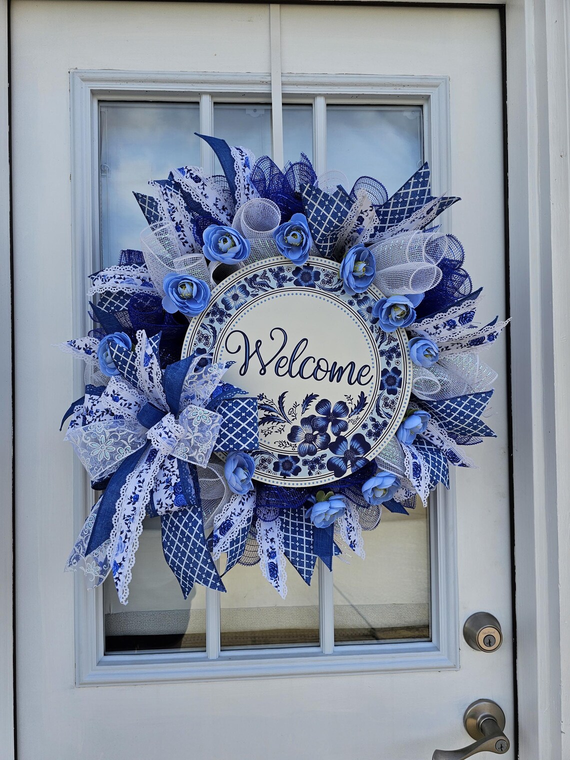 Blue and White Chinoiserie Welcome Wreath, Front Door Decor, Farmhouse ...