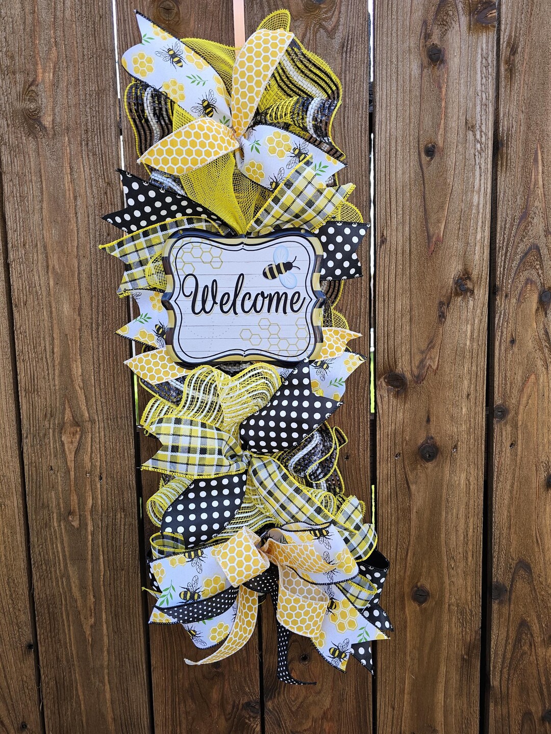 Bee-themed Welcome Swag Wreath – Yellow & Black Honeycomb Front Door ...
