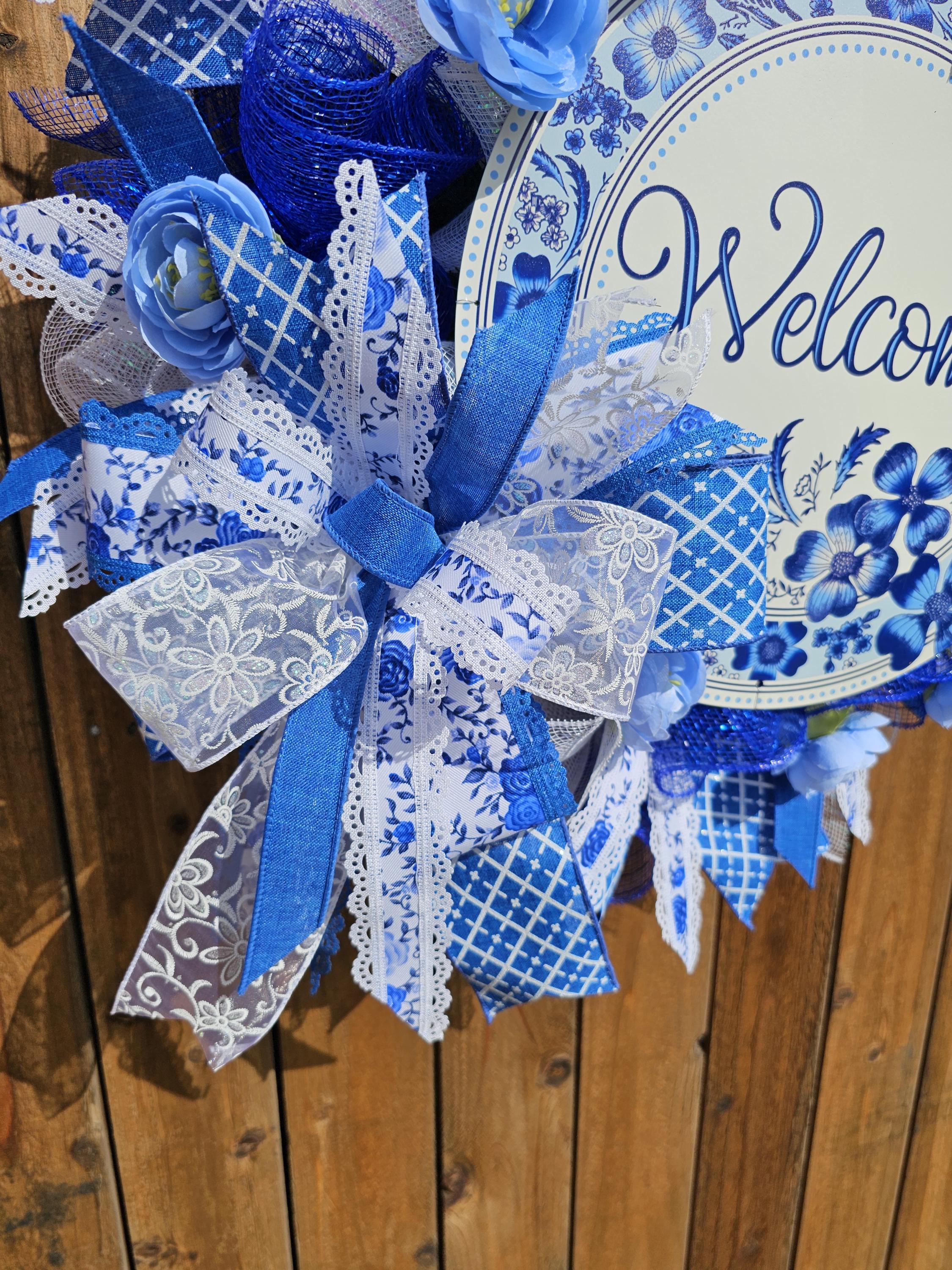 Blue and White Chinoiserie Welcome Wreath, Front Door Decor, Farmhouse ...