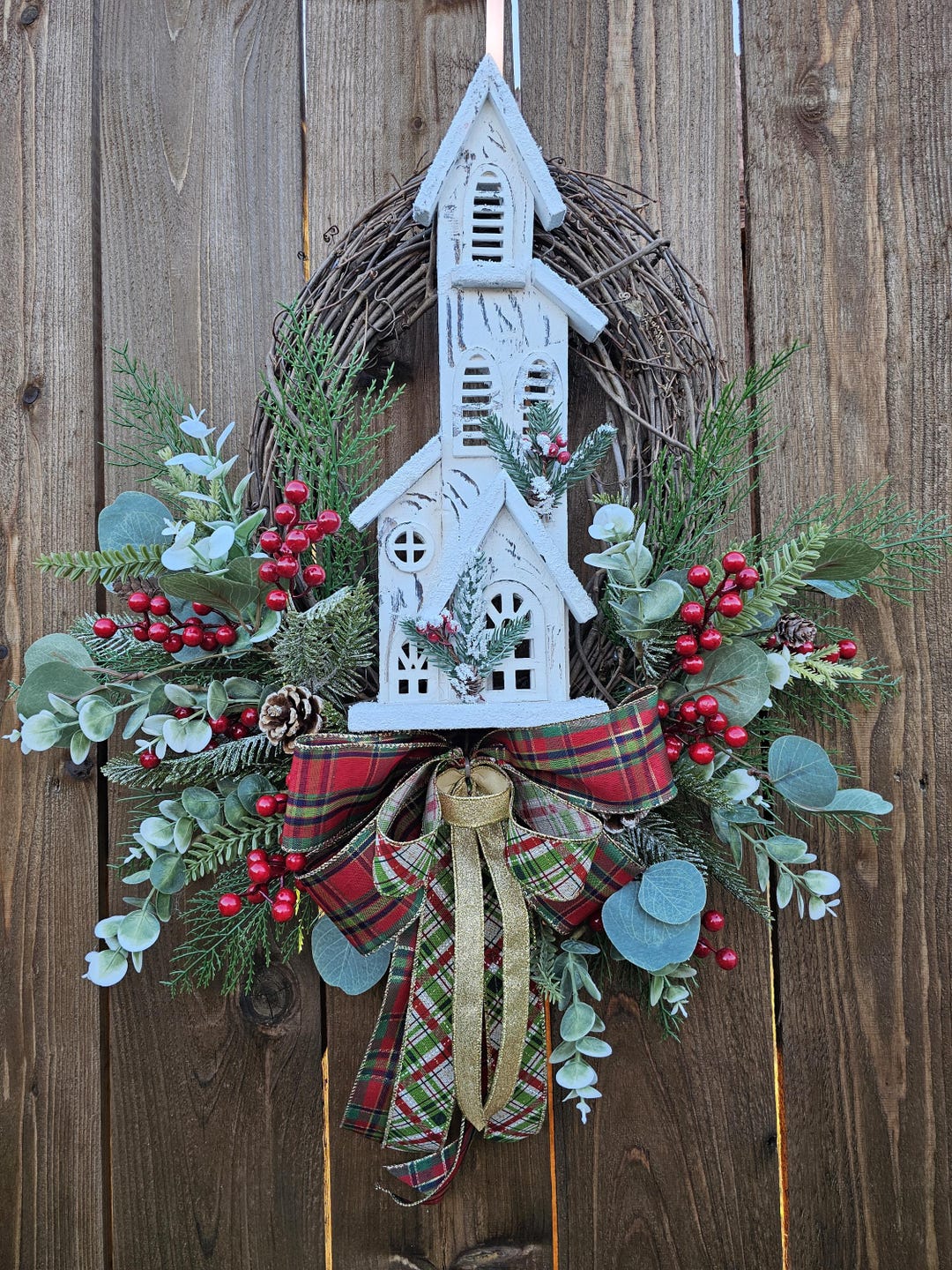 Rustic Winter Church Wreath - Farmhouse Holiday Decor, Grapevine Wreath ...